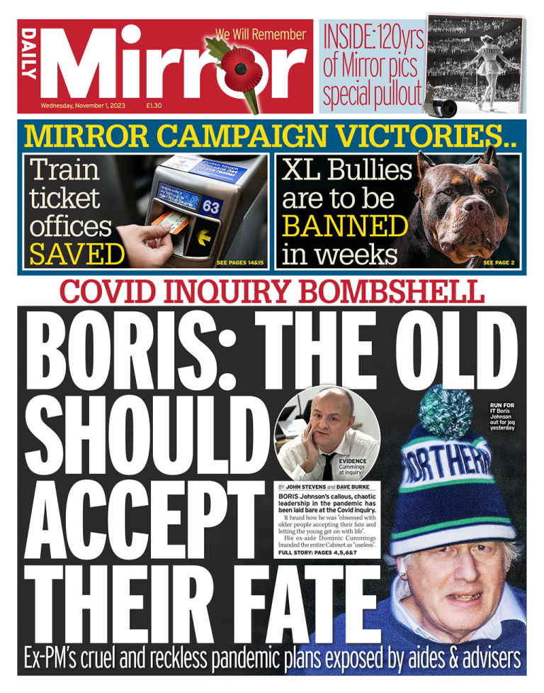 Daily Mirror Front Page 1st of November 2023 - Tomorrow's Papers Today!