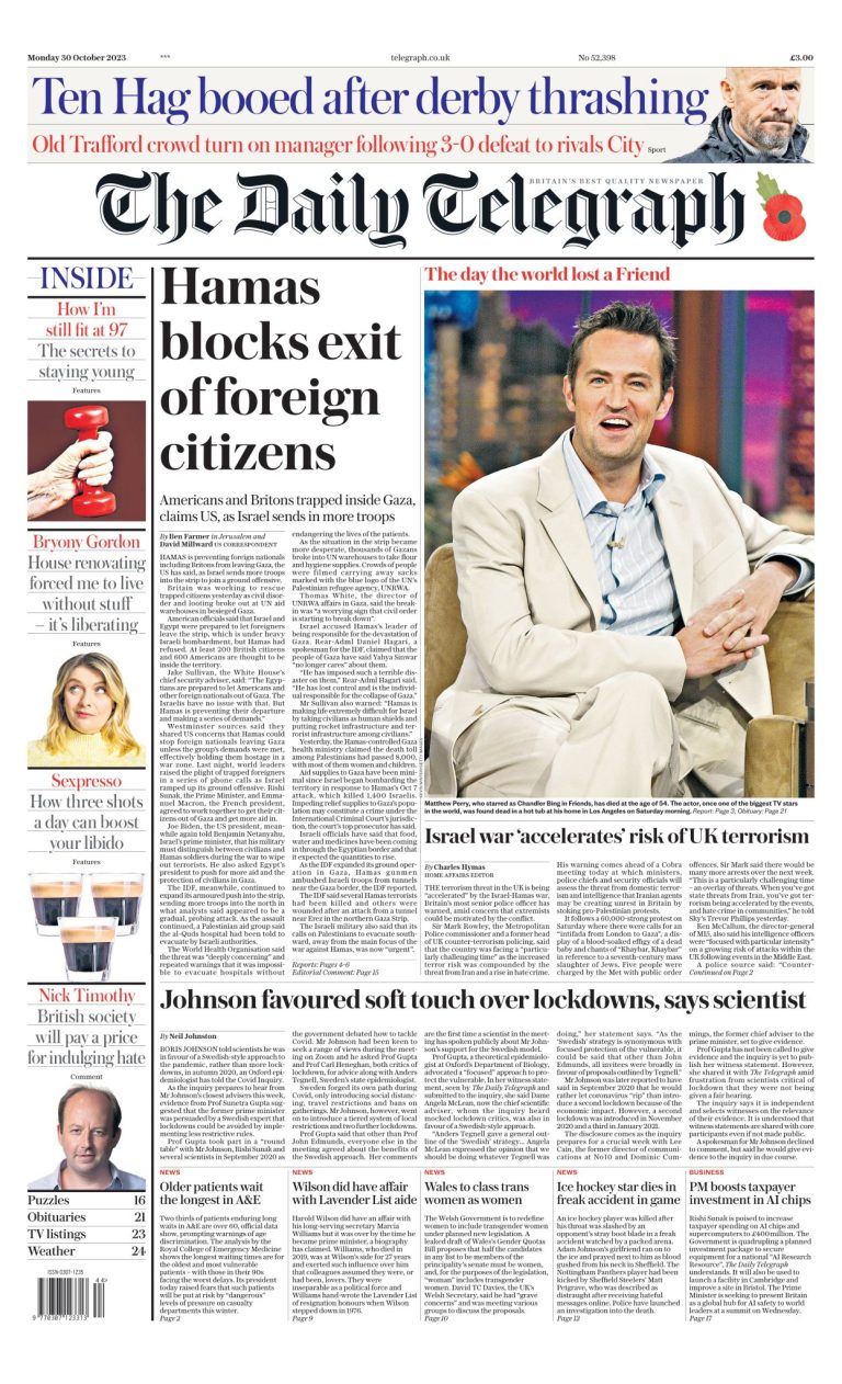 Daily Telegraph Front Page 30th of October 2023 - Tomorrow's Papers Today!