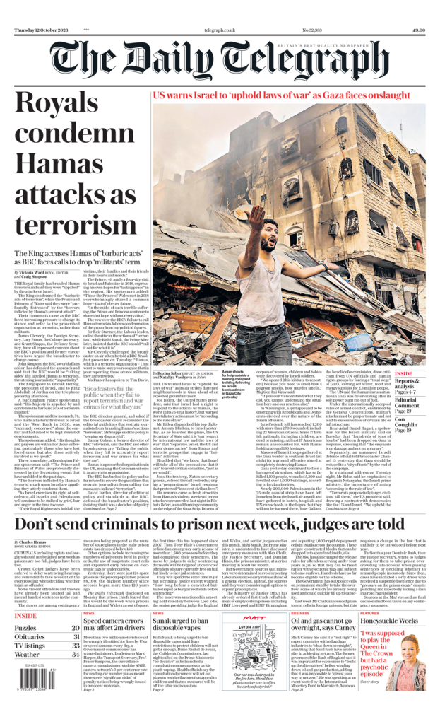 Daily Telegraph Front Page 12th of October 2023 - Tomorrow's Papers Today!