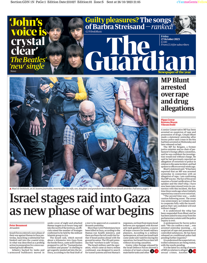 Guardian Front Page 27th of October 2023 - Tomorrow's Papers Today!