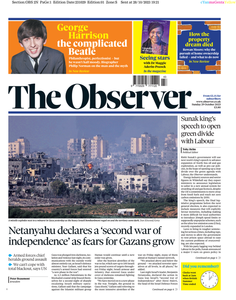 Observer Front Page 29th of October 2023 - Tomorrow's Papers Today!