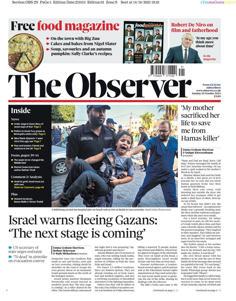 Observer Front Page 15th of October 2023 - Tomorrow's Papers Today!