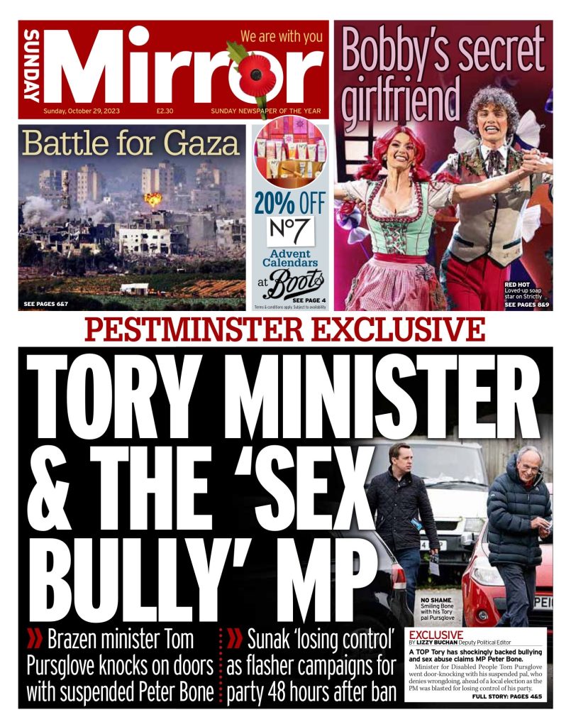 Sunday Mirror Front Page 29th of October 2023 - Tomorrow's Papers Today!