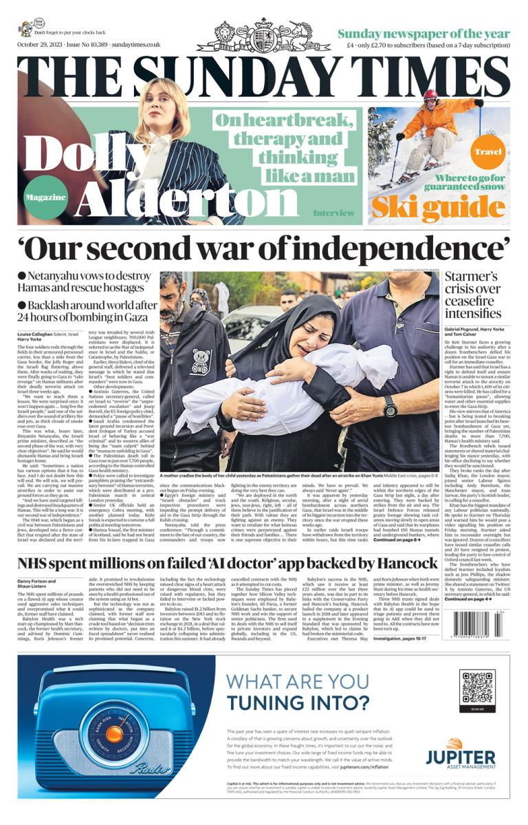 Sunday Times Front Page 29th of October 2023 - Tomorrow's Papers Today!