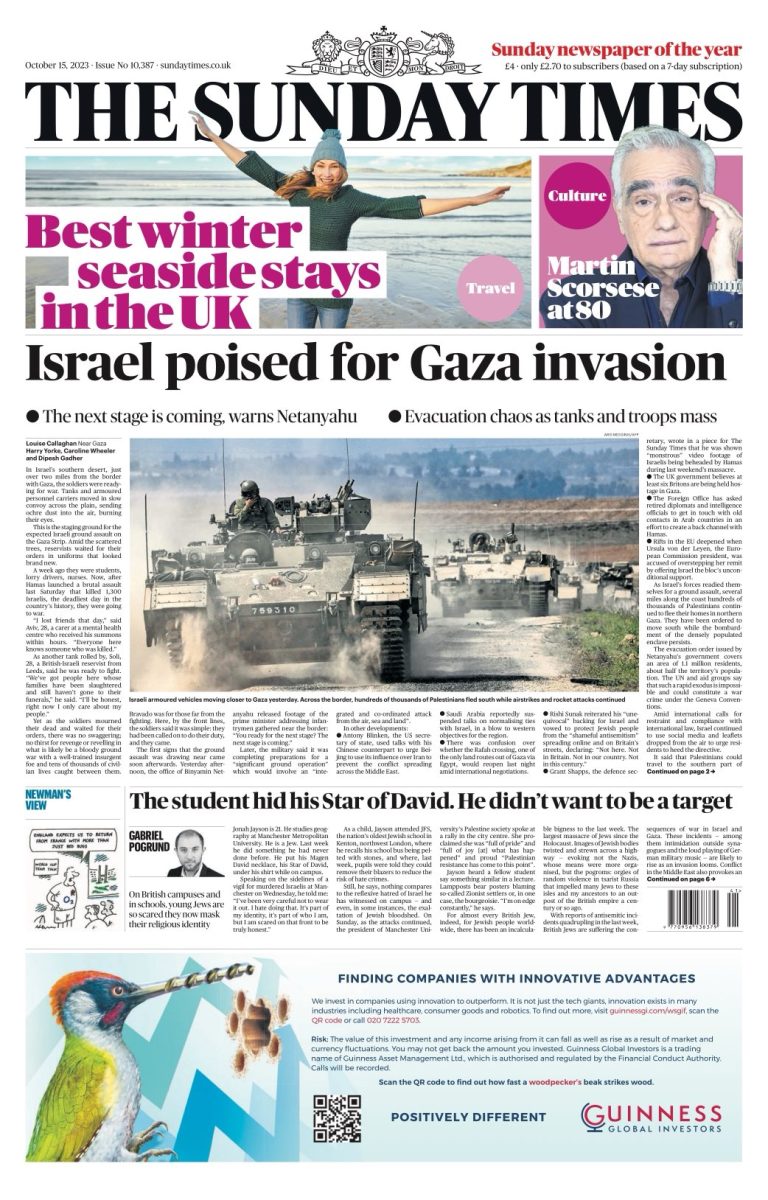 Sunday Times Front Page 15th of October 2023 - Tomorrow's Papers Today!