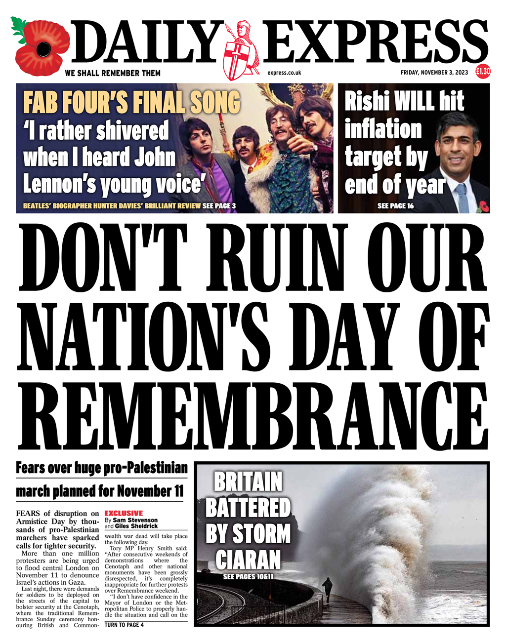 Daily Express Front Page 3rd of November 2023 - Tomorrow's Papers Today!