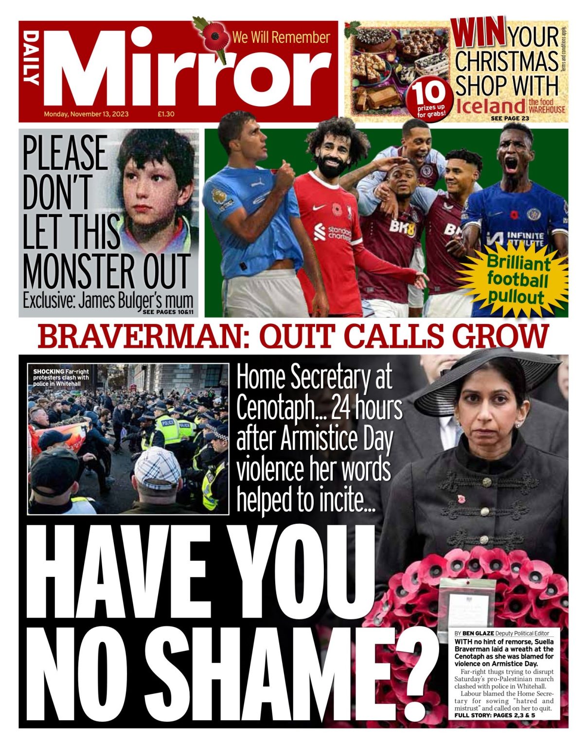 Daily Mirror Front Page 13th of November 2023 - Tomorrow's Papers Today!