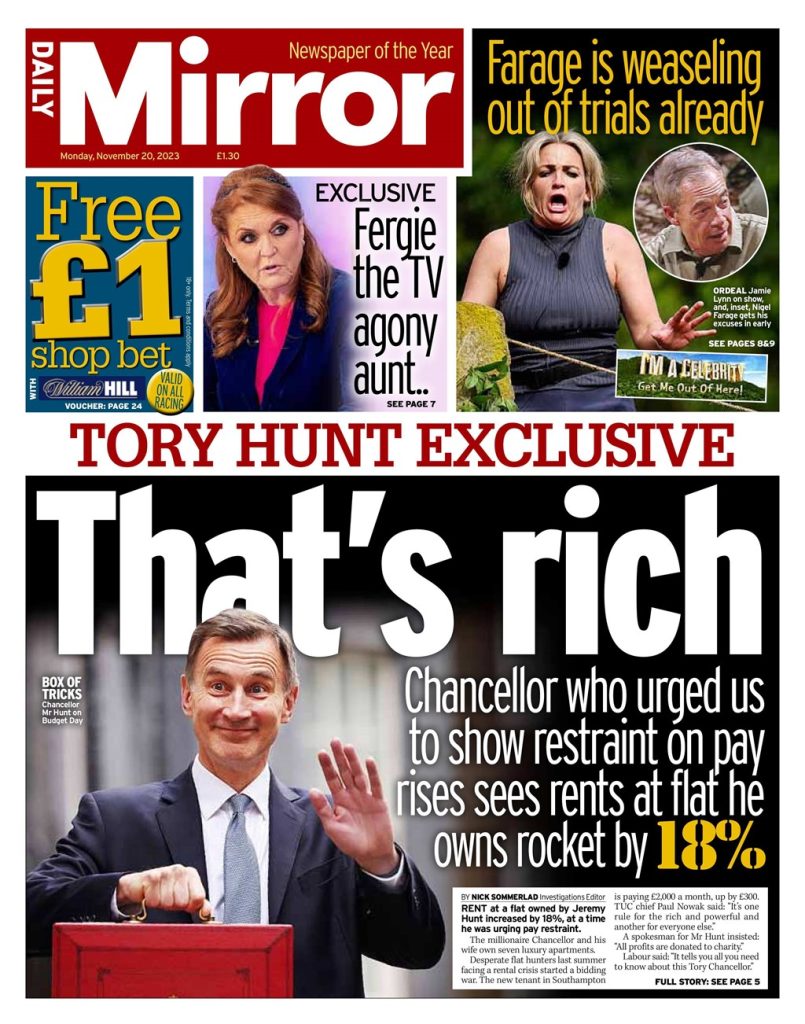 Daily Mirror Front Page 20th of November 2023 - Tomorrow's Papers Today!