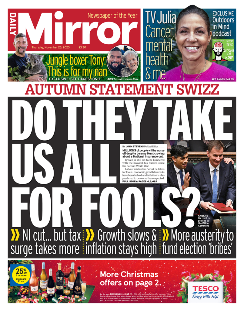 Daily Mirror Front Page 23rd of November 2023 - Tomorrow's Papers Today!