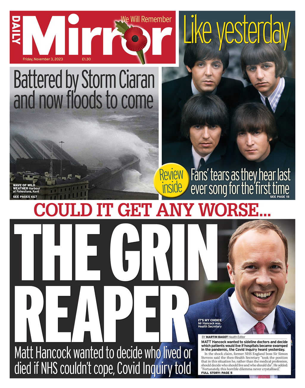 Daily Mirror Front Page 3rd of November 2023 - Tomorrow's Papers Today!