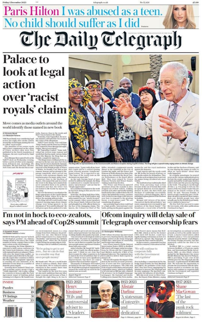 Daily Telegraph Front Page 1st of December 2023 - Tomorrow's Papers Today!