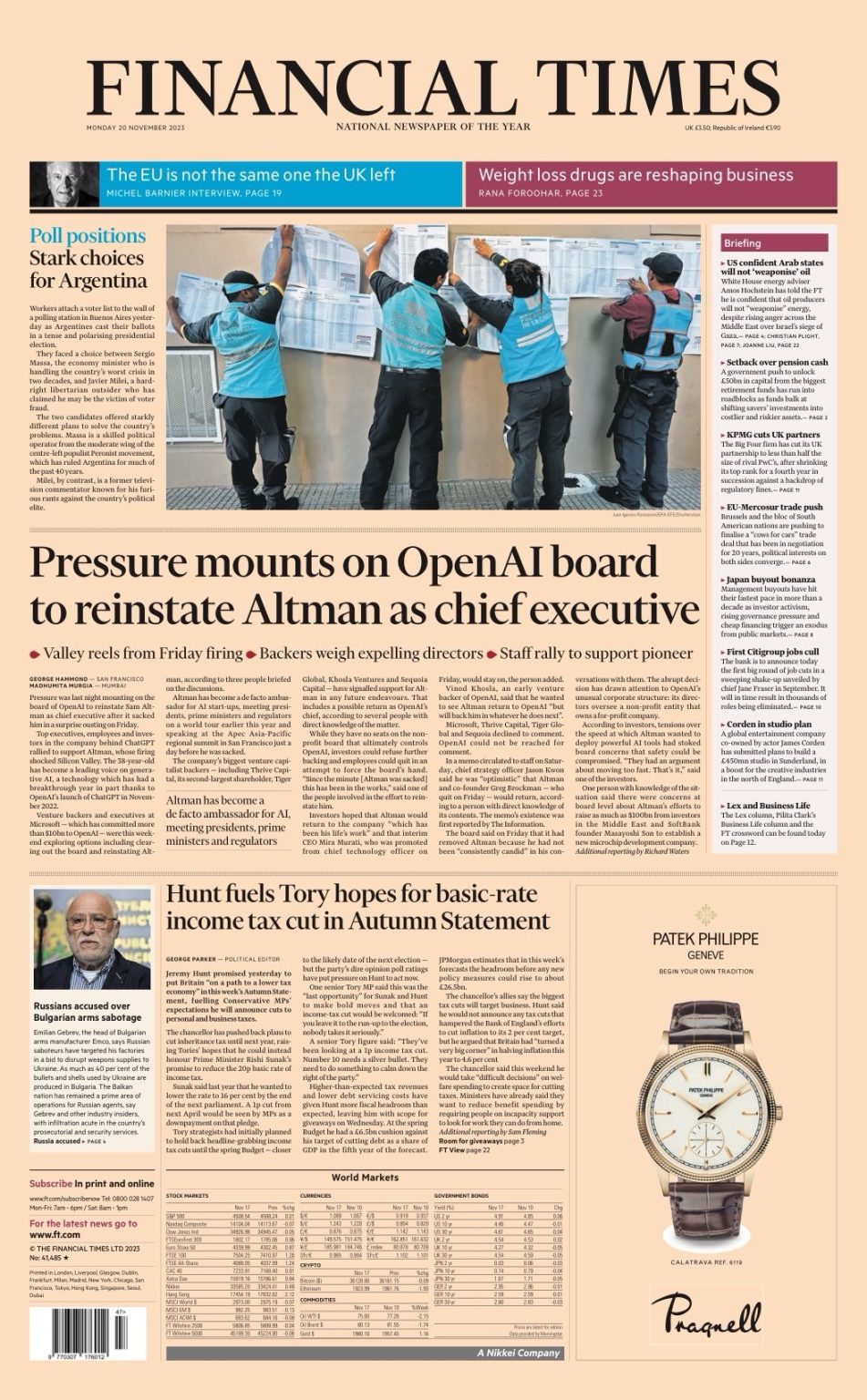 Financial Times Front Page 20th of November 2023 - Tomorrow's Papers Today!
