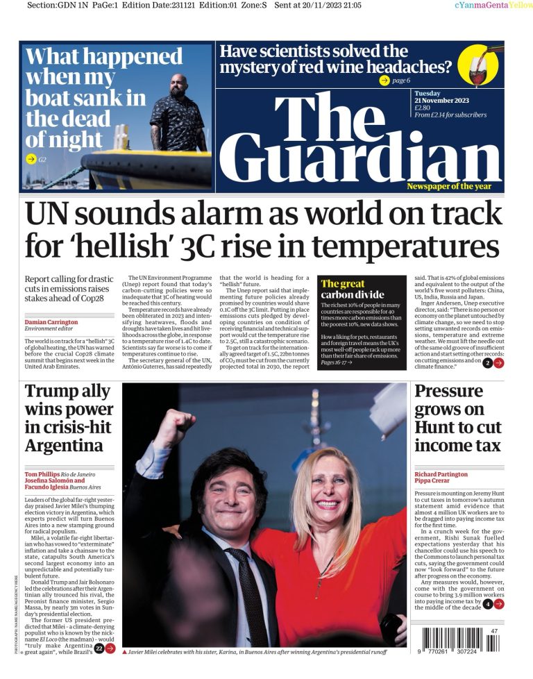 Guardian Front Page 21st of November 2023 - Tomorrow's Papers Today!