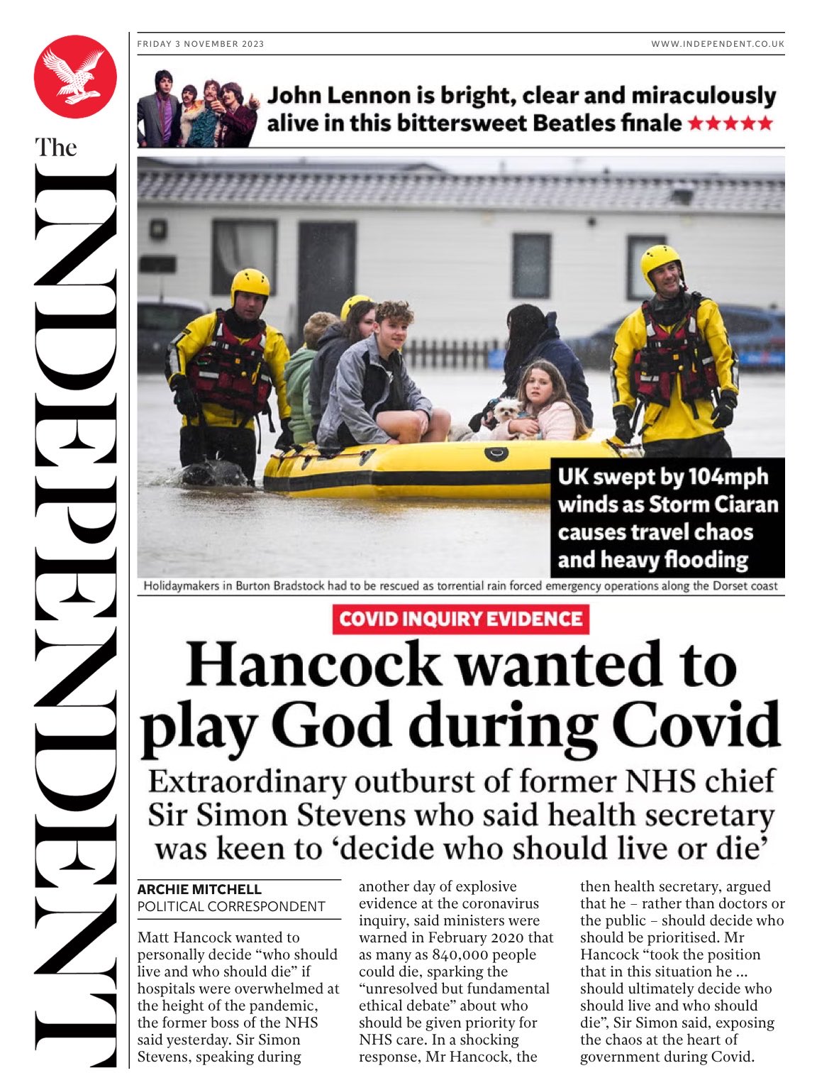 Independent Front Page 3rd of November 2023 - Tomorrow's Papers Today!