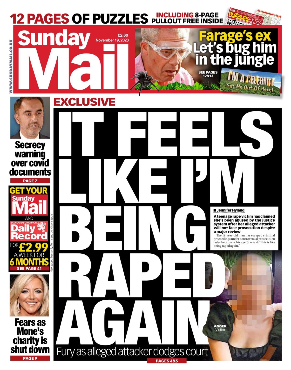 Sunday Mail Front Page 19th of November 2023 - Tomorrow's Papers Today!