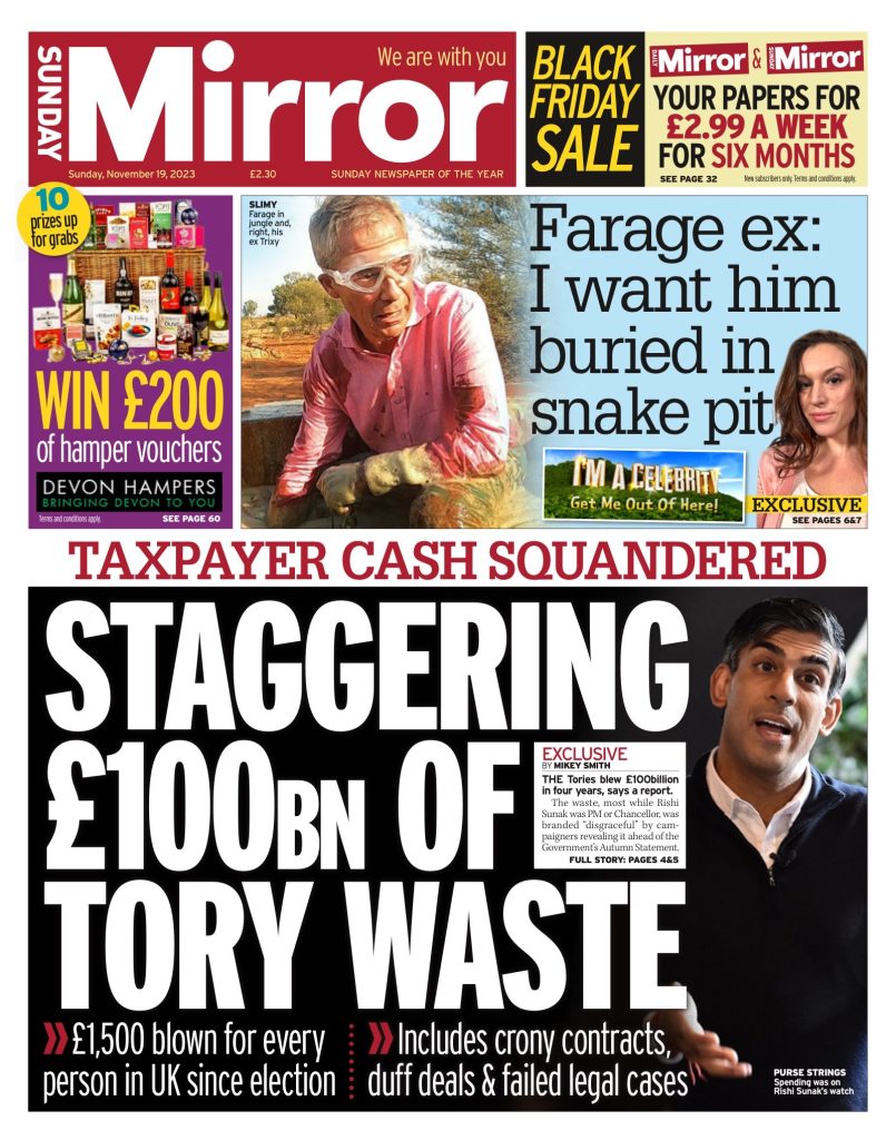 Sunday Mirror Front Page 19th of November 2023 - Tomorrow's Papers Today!