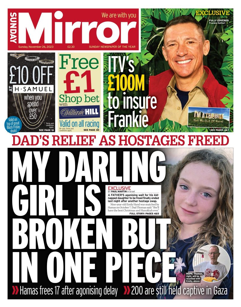 Sunday Mirror Front Page 26th of November 2023 - Tomorrow's Papers Today!
