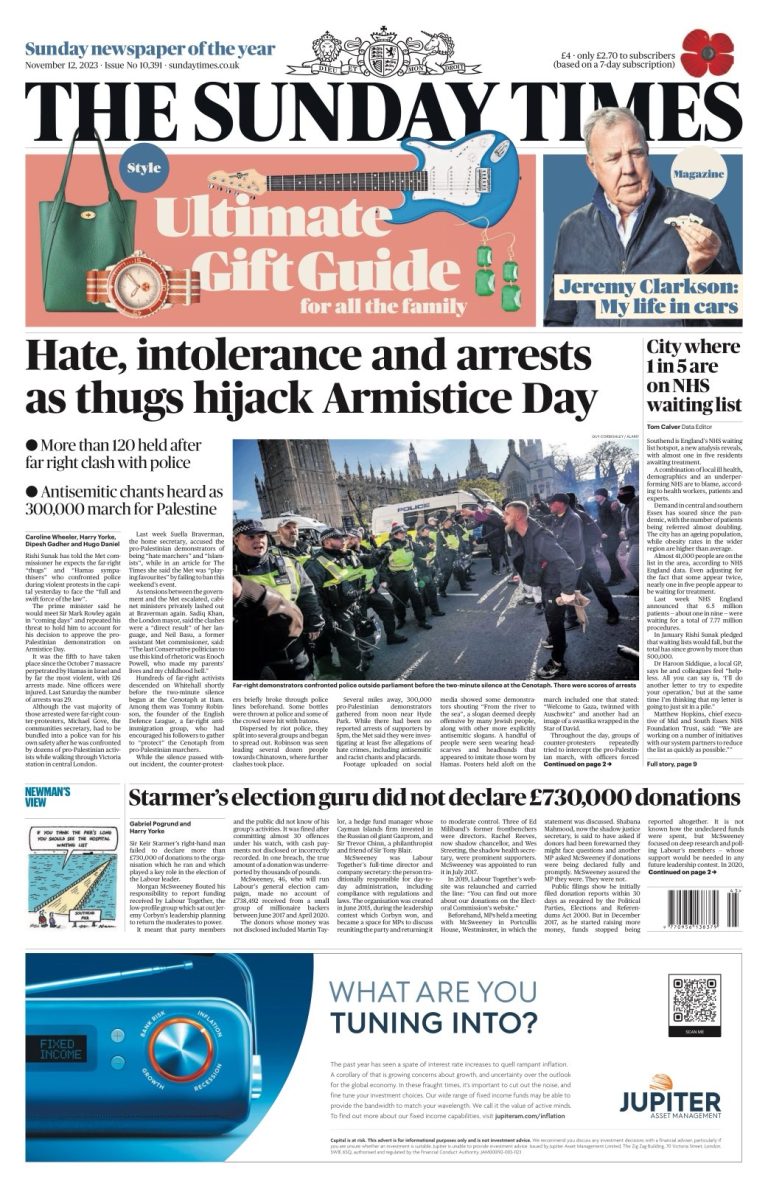 Sunday Times Front Page 12th of November 2023 - Tomorrow's Papers Today!