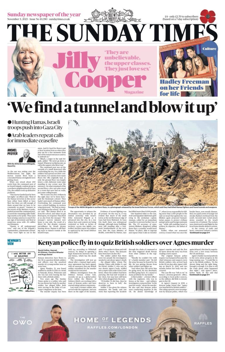 Sunday Times Front Page 5th of November 2023 - Tomorrow's Papers Today!