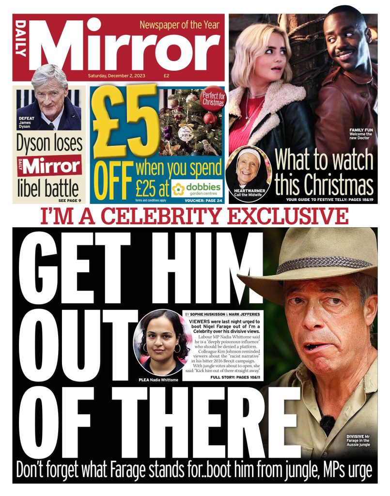 Daily Mirror Front Page 2nd of December 2023 - Tomorrow's Papers Today!