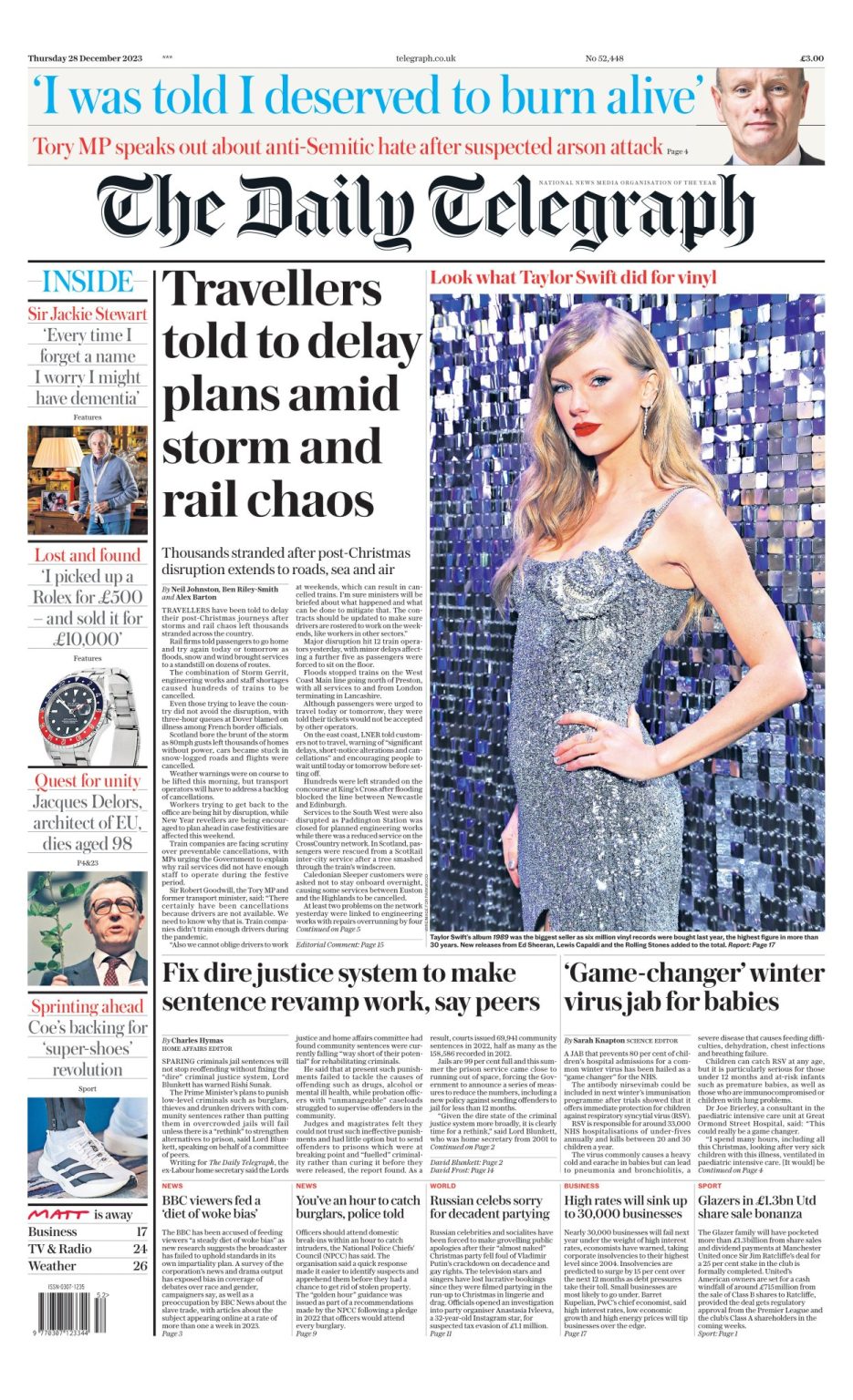 Daily Telegraph Front Page 28th of December 2023 - Tomorrow's Papers Today!