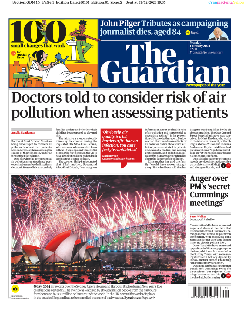 Guardian Front Page 1st of January 2024 - Tomorrow's Papers Today!