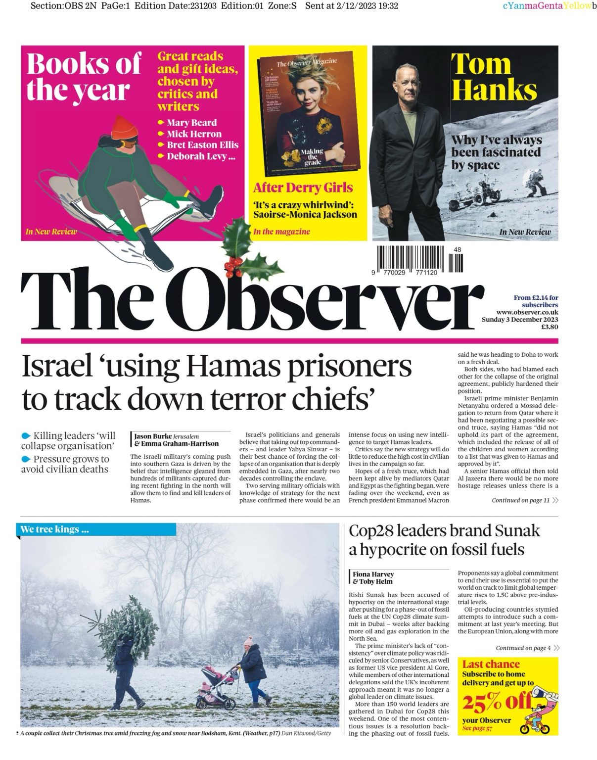 Observer Front Page 3rd of December 2023 - Tomorrow's Papers Today!
