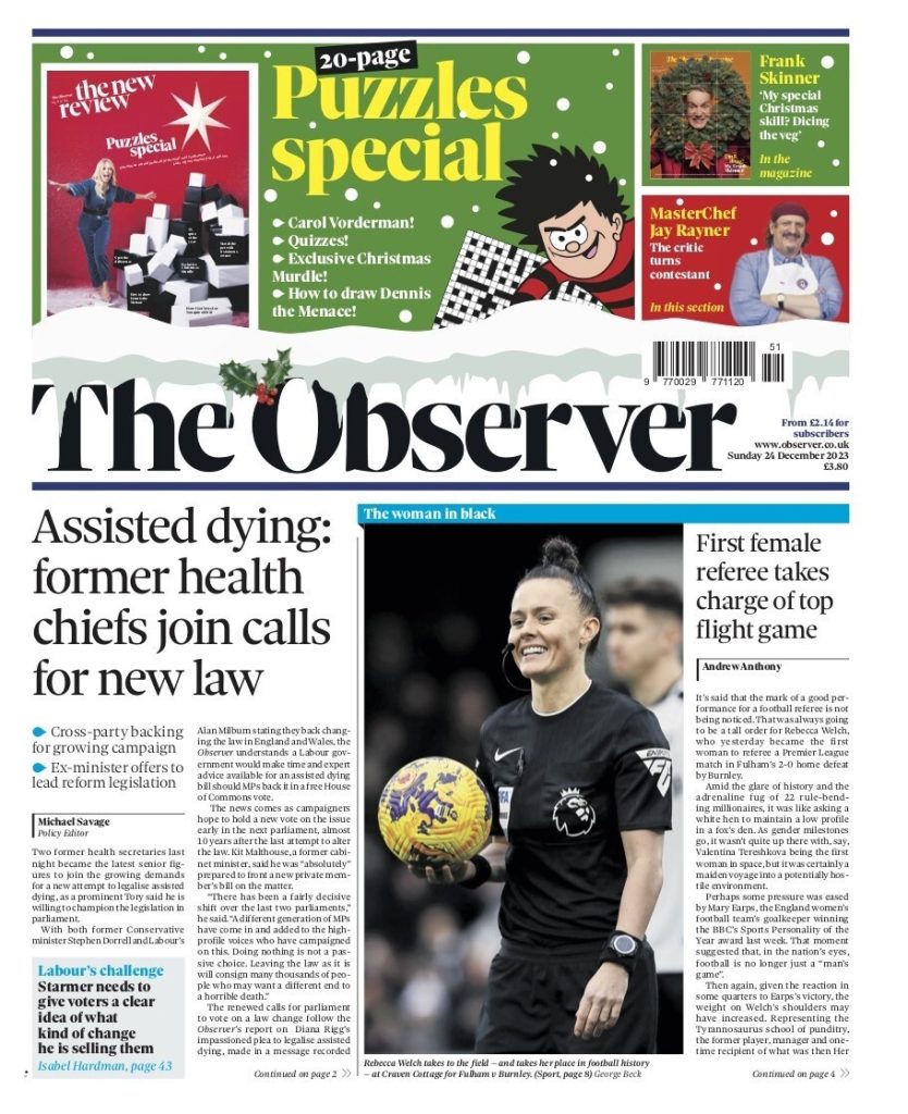 Observer Front Page 24th of December 2023 - Tomorrow's Papers Today!