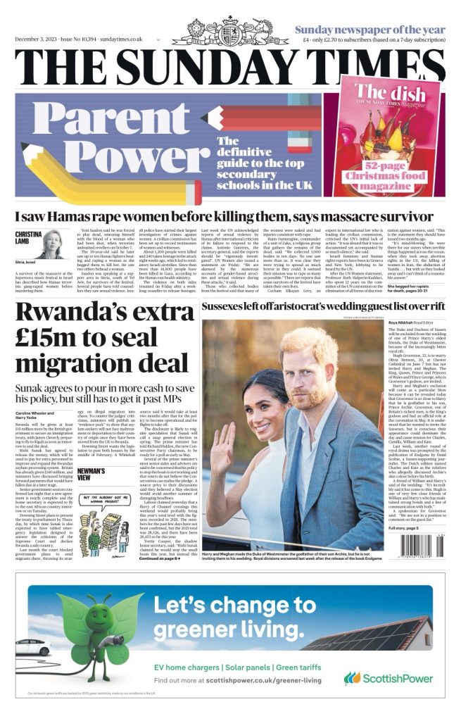 Sunday Times Front Page 3rd of December 2023 - Tomorrow's Papers Today!