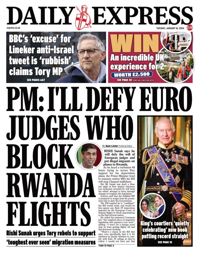 Daily Express Front Page 16th of January 2024 - Tomorrow's Papers Today!