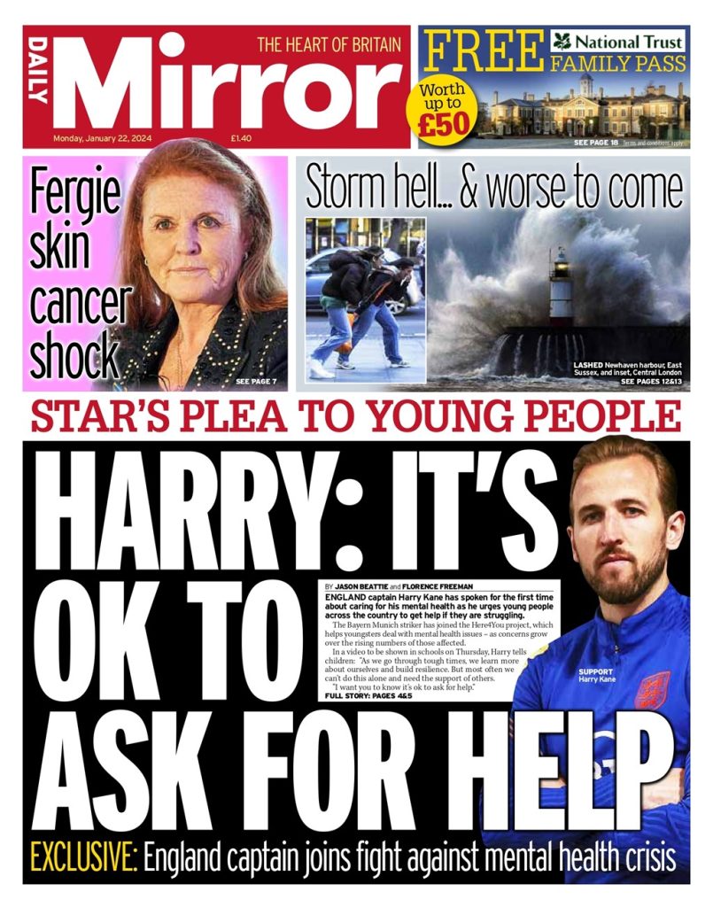 Daily Mirror Front Page 22nd of January 2024 - Tomorrow's Papers Today!
