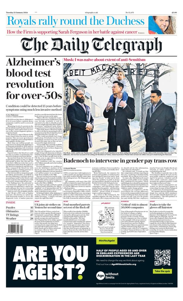 Daily Telegraph Front Page 23rd of January 2024 - Tomorrow's Papers Today!