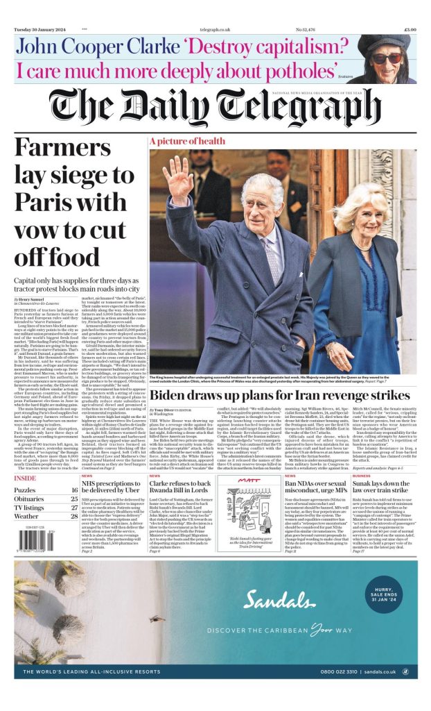 Daily Telegraph Front Page 30th of January 2024 - Tomorrow's Papers Today!