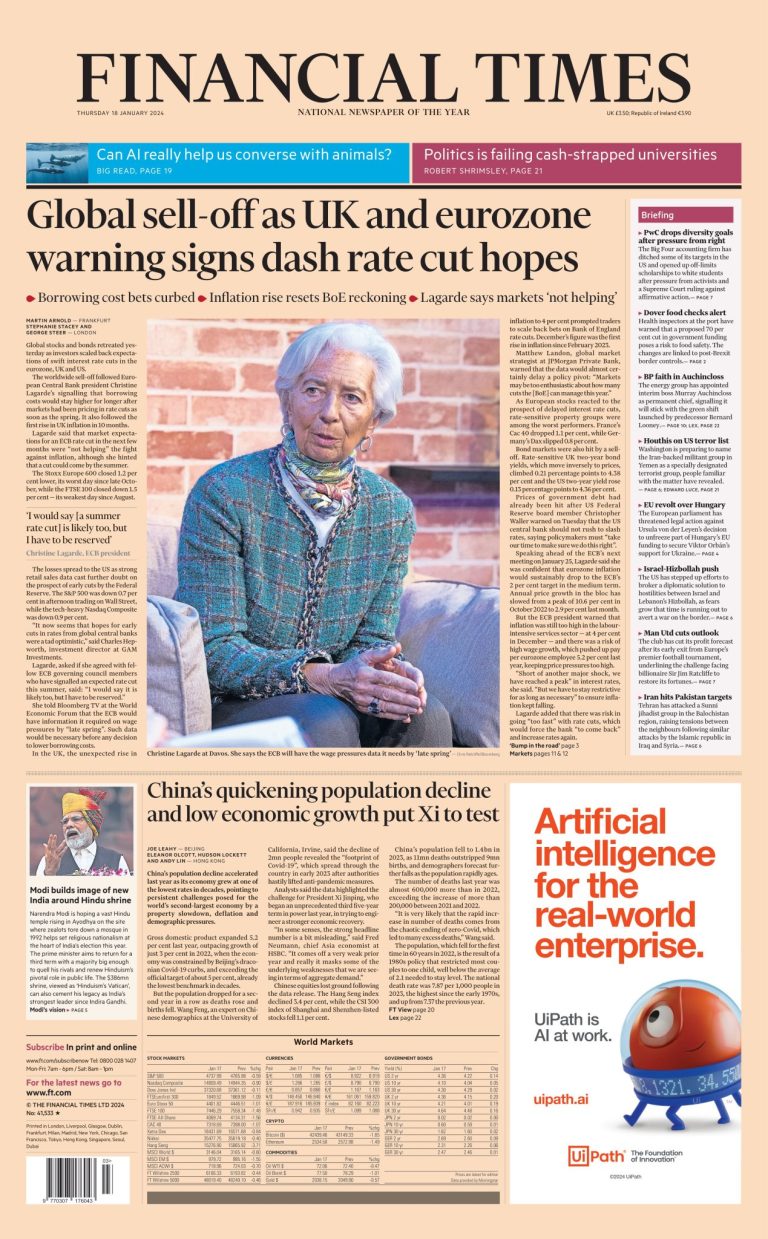 Financial Times Front Page 18th of January 2024 - Tomorrow's Papers Today!