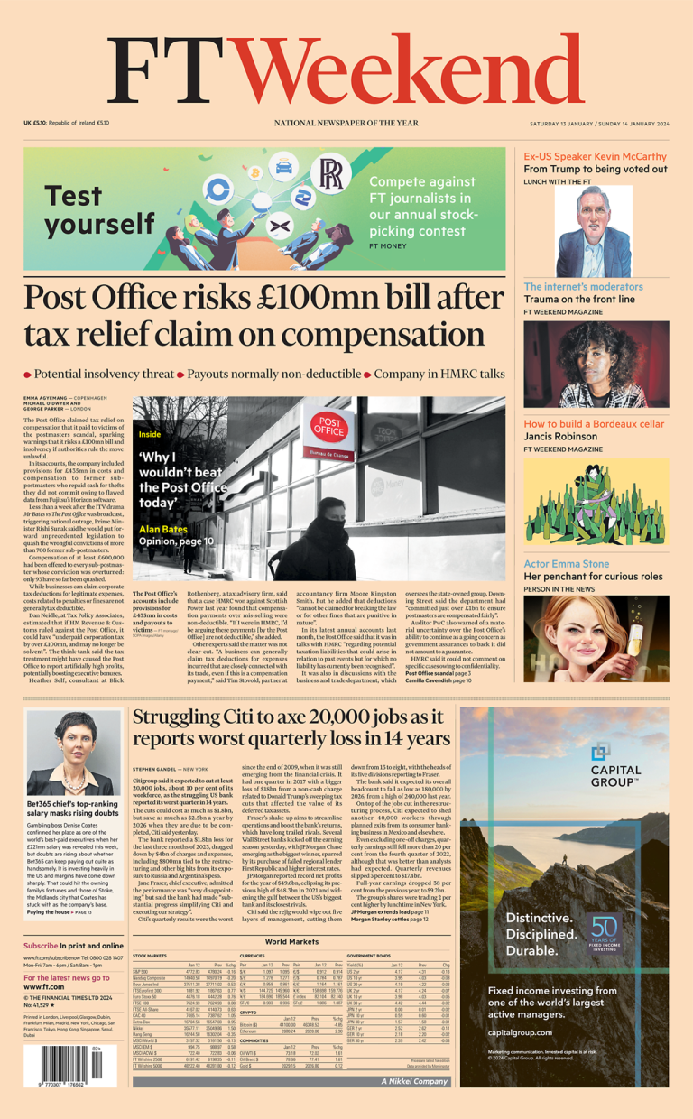Financial Times Front Page 13th of January 2024 - Tomorrow's Papers Today!