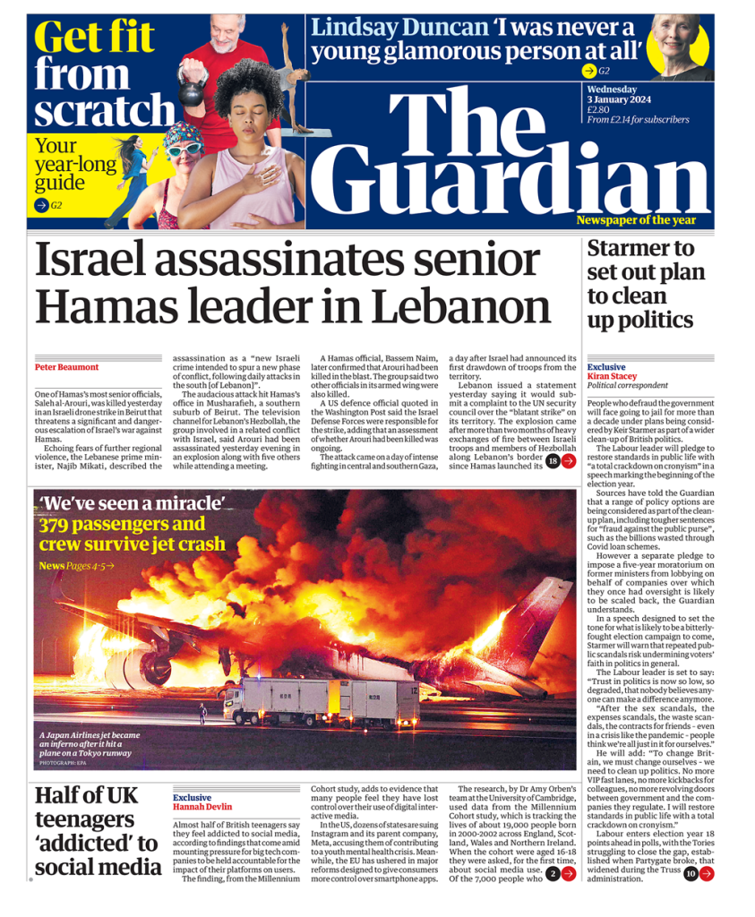 Guardian Front Page 3rd of January 2024 - Tomorrow's Papers Today!