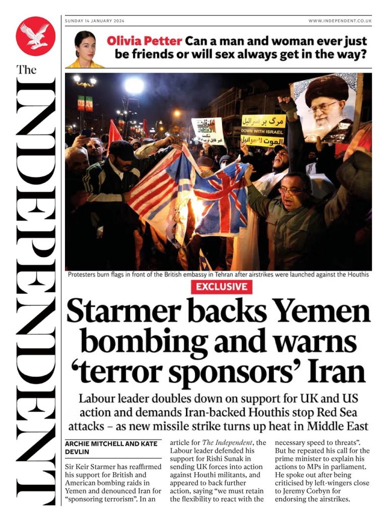 Independent Front Page 14th of January 2024 - Tomorrow's Papers Today!