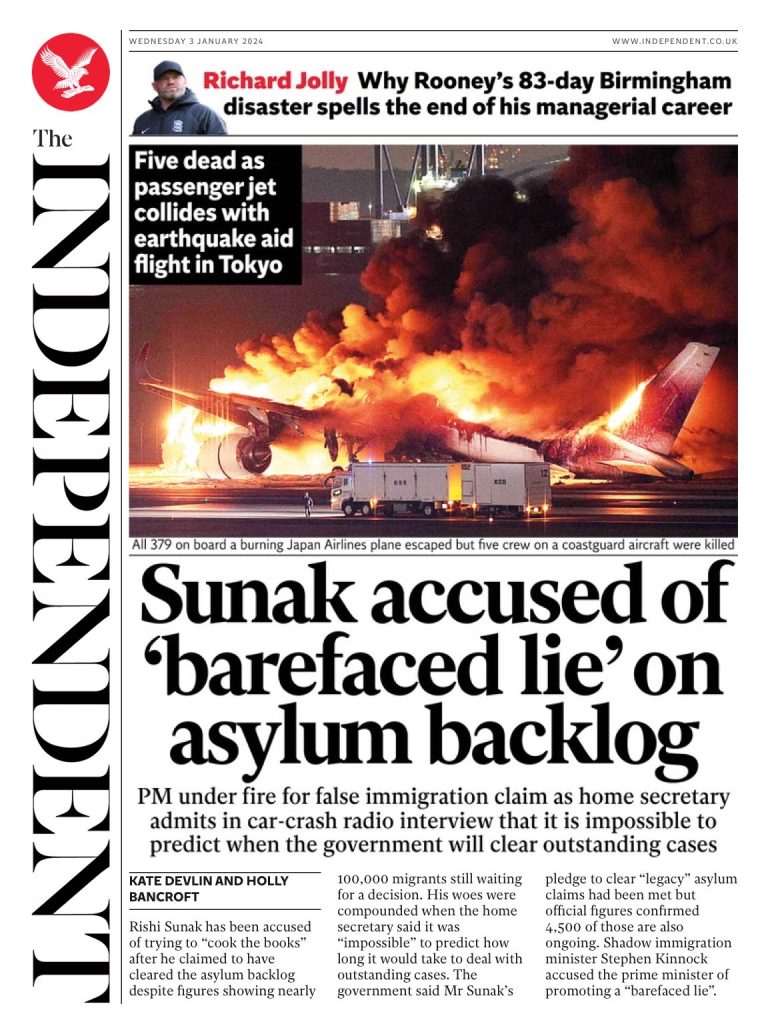 Independent Front Page 3rd of January 2024 - Tomorrow's Papers Today!