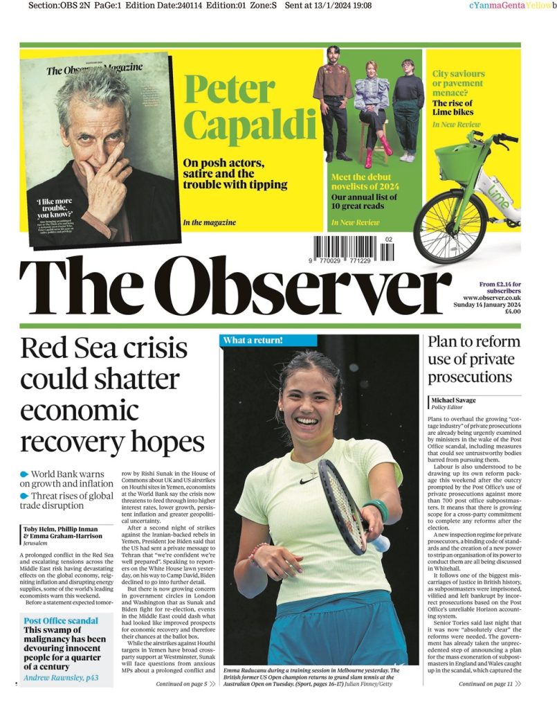 Observer Front Page 14th of January 2024 - Tomorrow's Papers Today!