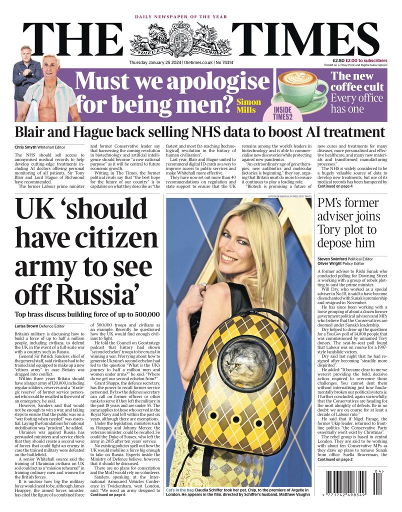 Times Front Page 25th of January 2024 - Tomorrow's Papers Today!