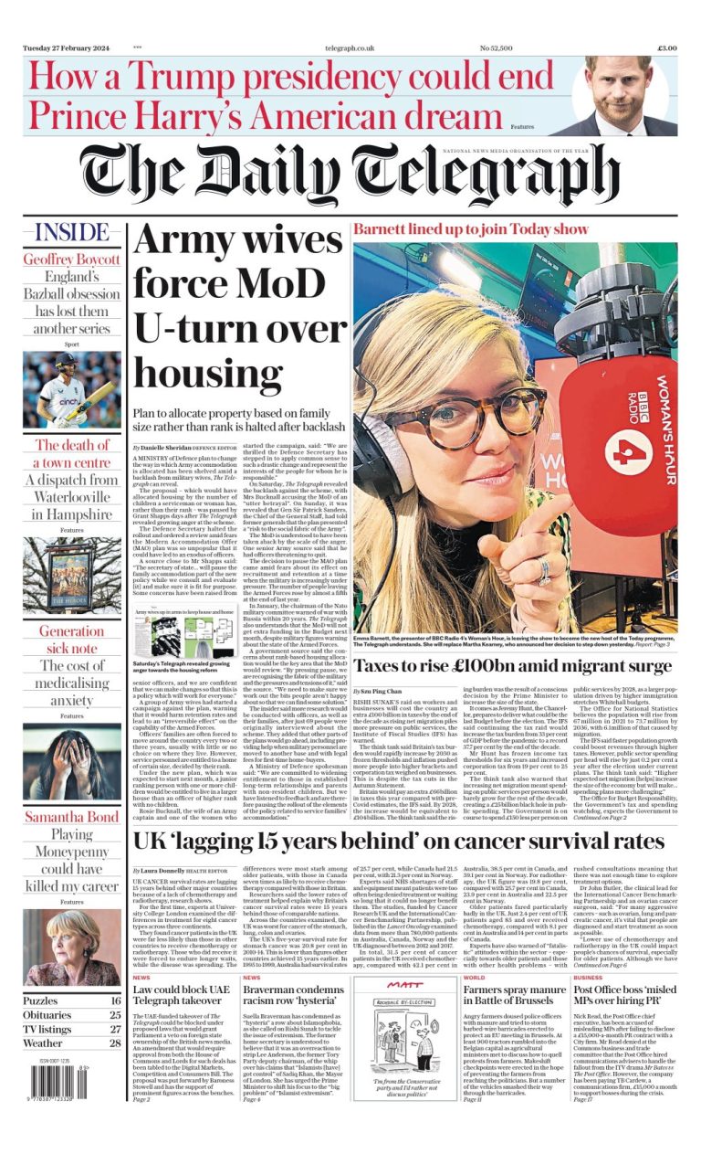 Daily Telegraph Front Page 27th of February 2024 - Tomorrow's Papers Today!