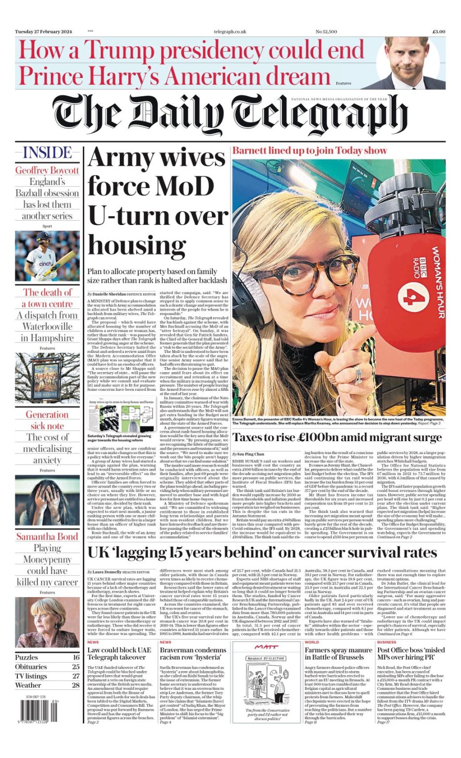 Daily Telegraph Front Page 27th of February 2024 - Tomorrow's Papers Today!