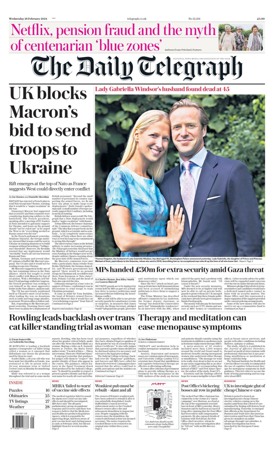 Daily Telegraph Front Page 28th of February 2024 - Tomorrow's Papers Today!