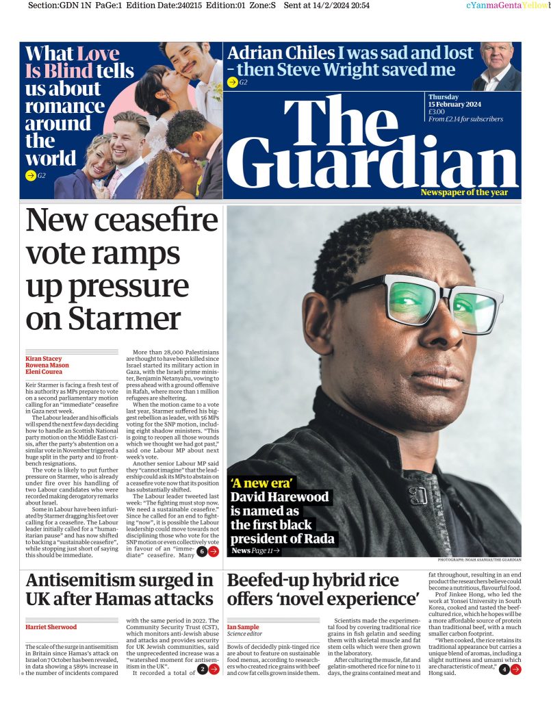 Guardian Front Page 15th of February 2024 - Tomorrow's Papers Today!