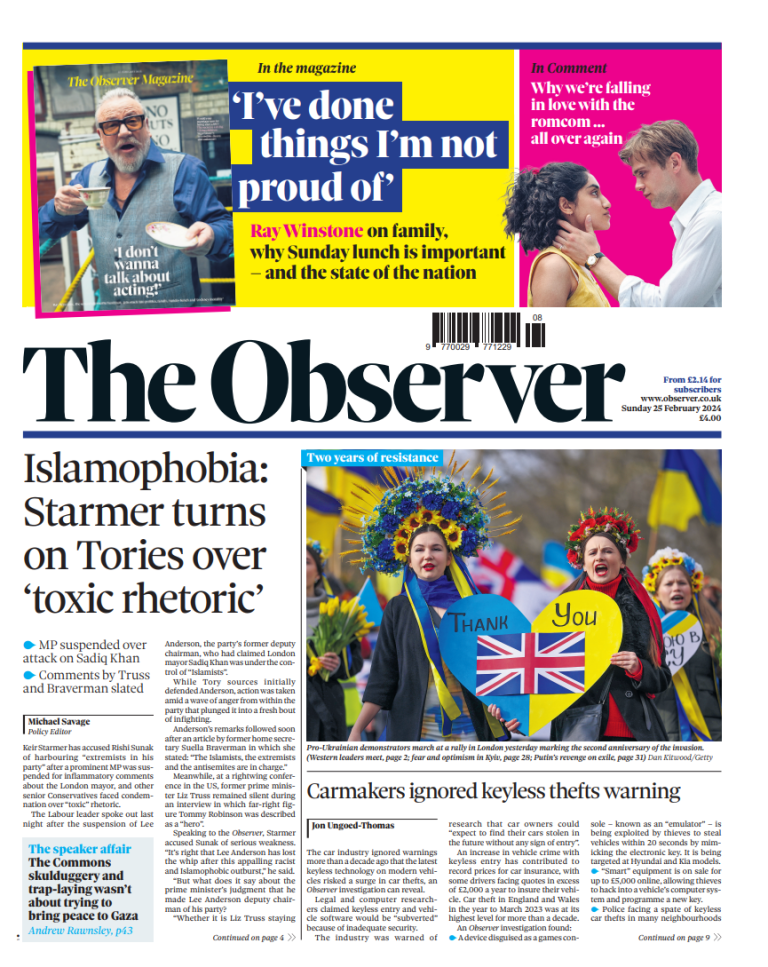 Observer Front Page 25th of February 2024 - Tomorrow's Papers Today!