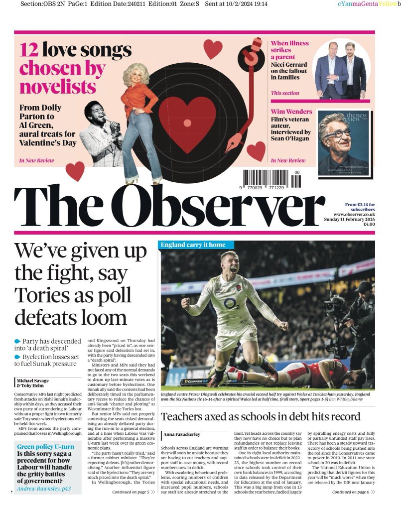 Observer Front Page 11th of February 2024 - Tomorrow's Papers Today!