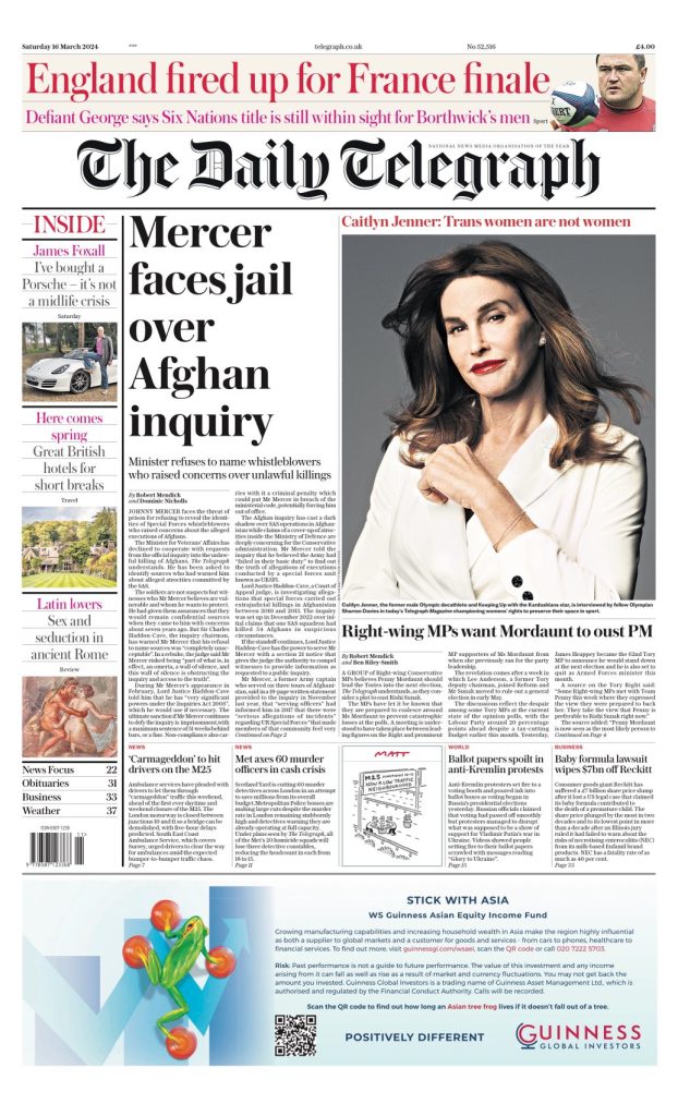 Daily Telegraph Front Page 16th of March 2024 - Tomorrow's Papers Today!