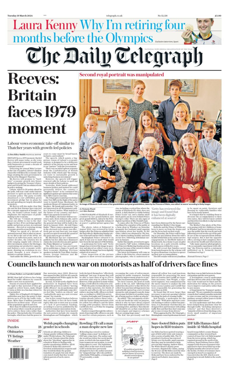 Daily Telegraph Front Page 19th of March 2024 - Tomorrow's Papers Today!