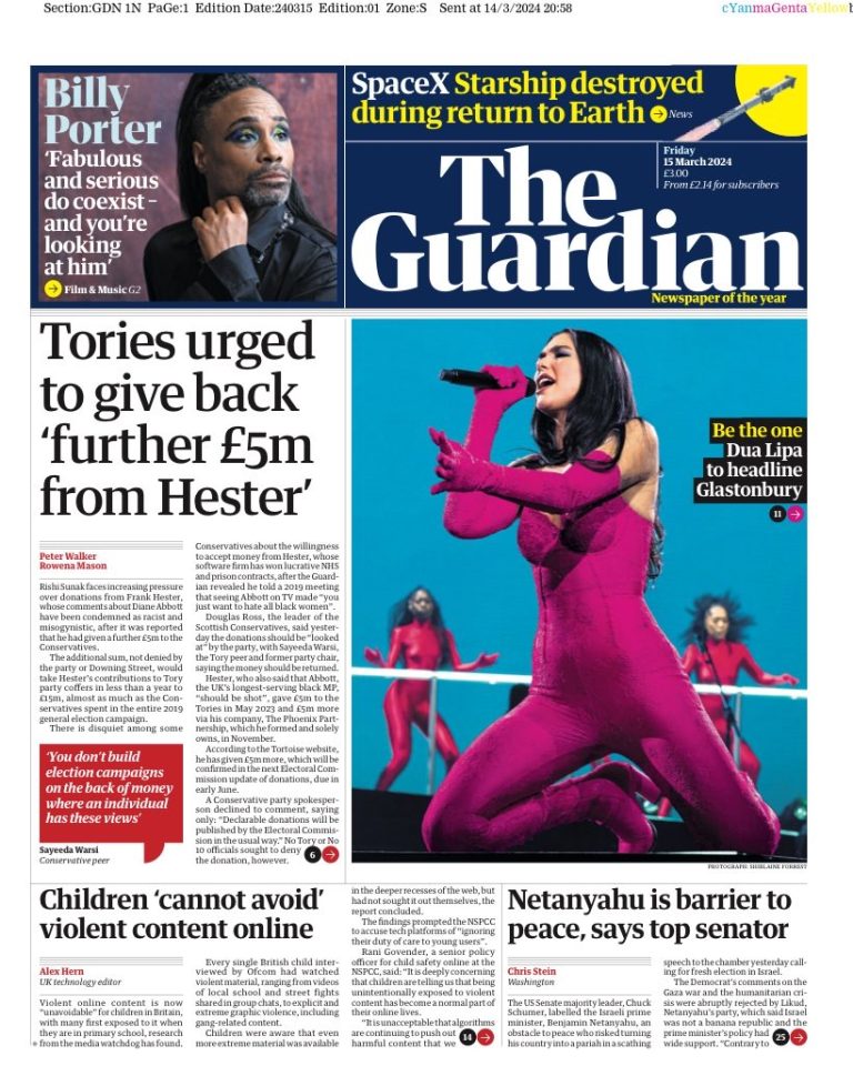 Guardian Front Page 15th of March 2024 - Tomorrow's Papers Today!