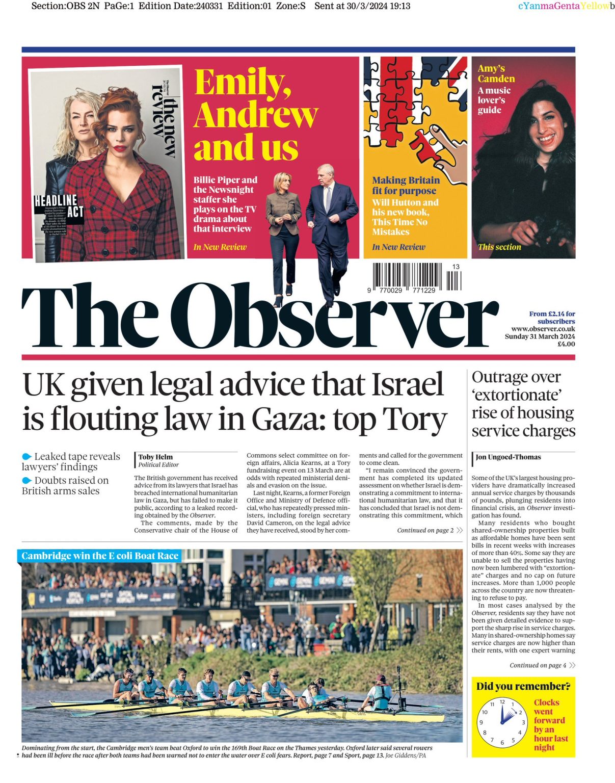 Observer Front Page 31st of March 2024 - Tomorrow's Papers Today!